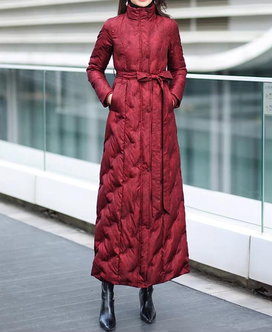 Claret Red Long Down Jacket, Plus Size Women Winter Puffer Coat, Maxi ...