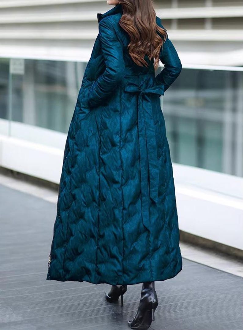 Blue Print Pattern Long Down Jacket, Plus Size Women Winter Puffer Coat ...