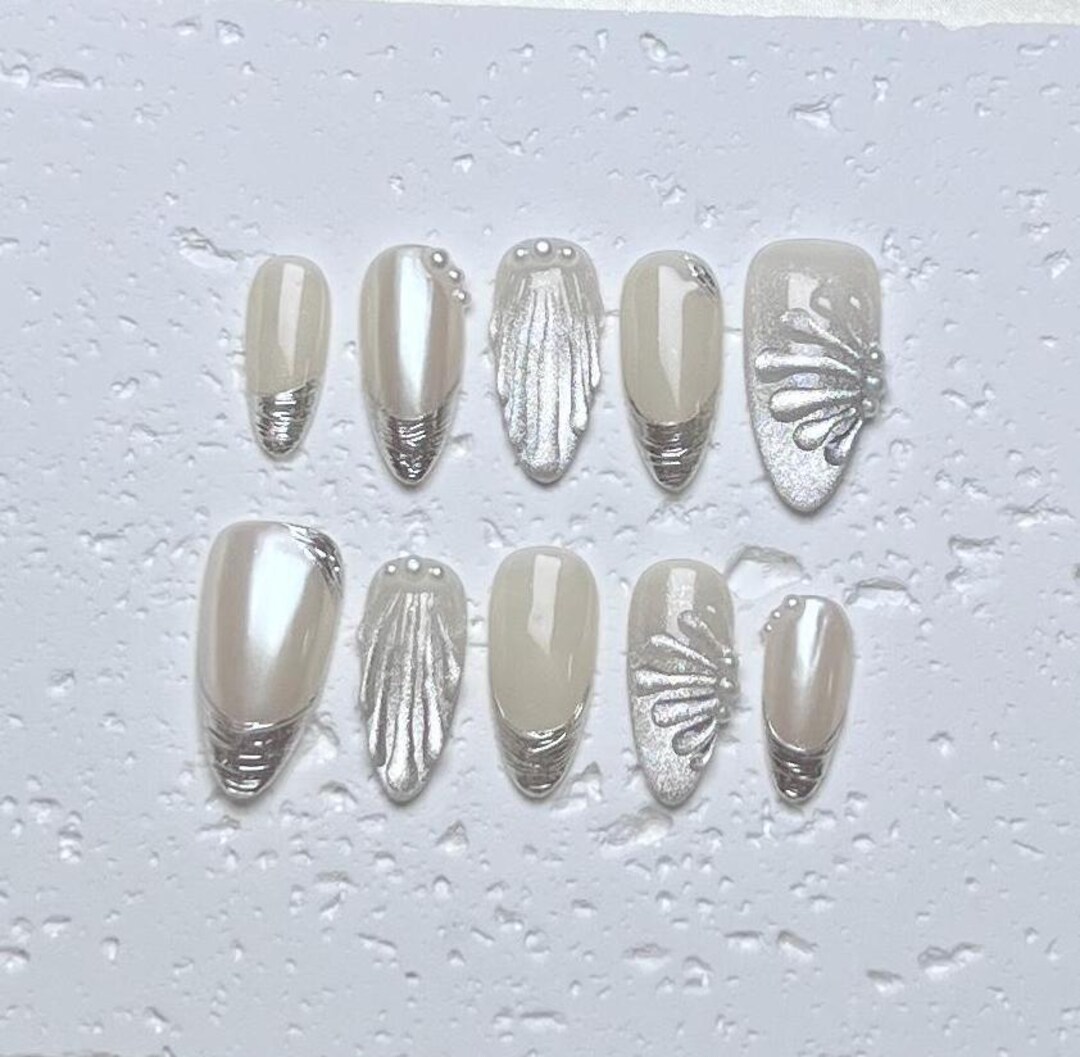 Seashell French Tip Short Almond Press on Nails Beach Nails 3D Gel ...