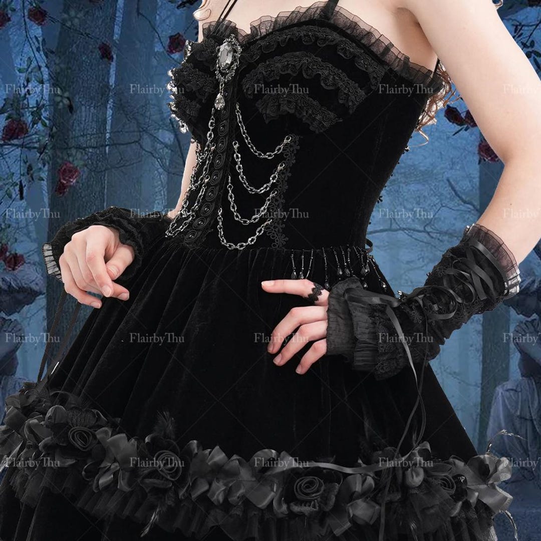 Black & Red Gothic Velvet Chain 3D Flower Dress Witchy Halloween ...