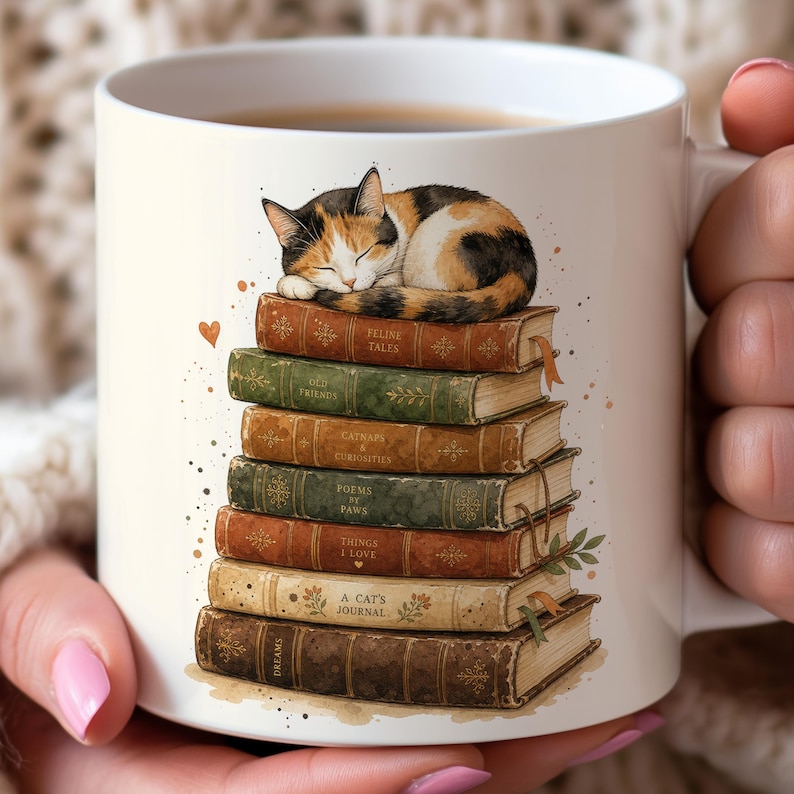 Cozy Calico Cat Reading Mug Wrap: Vintage Books and Kittens (digital ...