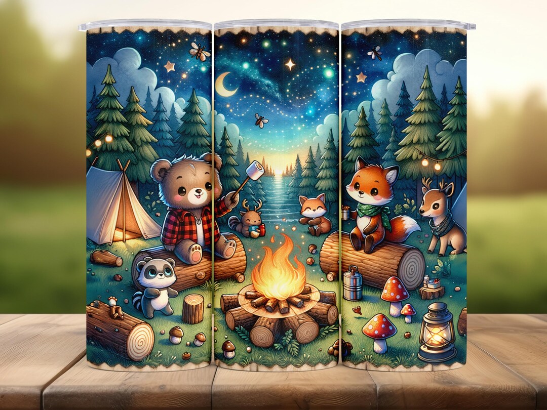 Camping Animals Tumbler Wrap: Campfire Forest Scene (PNG Digital ...