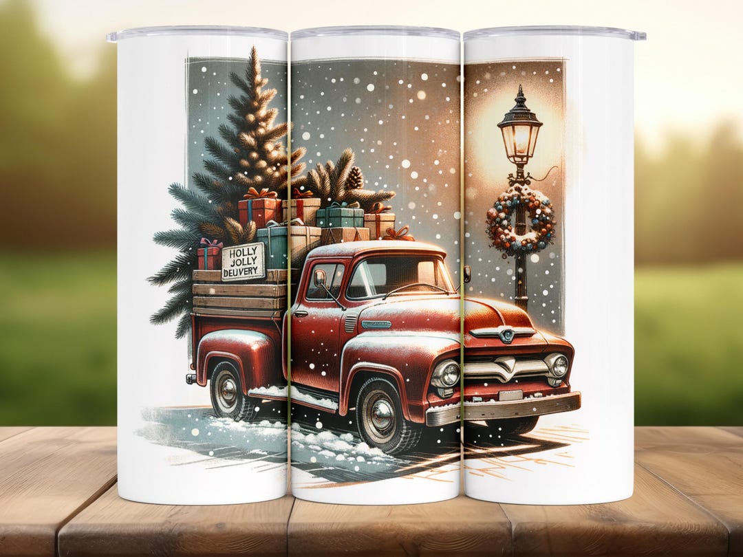 Holly Jolly Truck Tumbler Wrap: Vintage Red Christmas Pickup Design ...