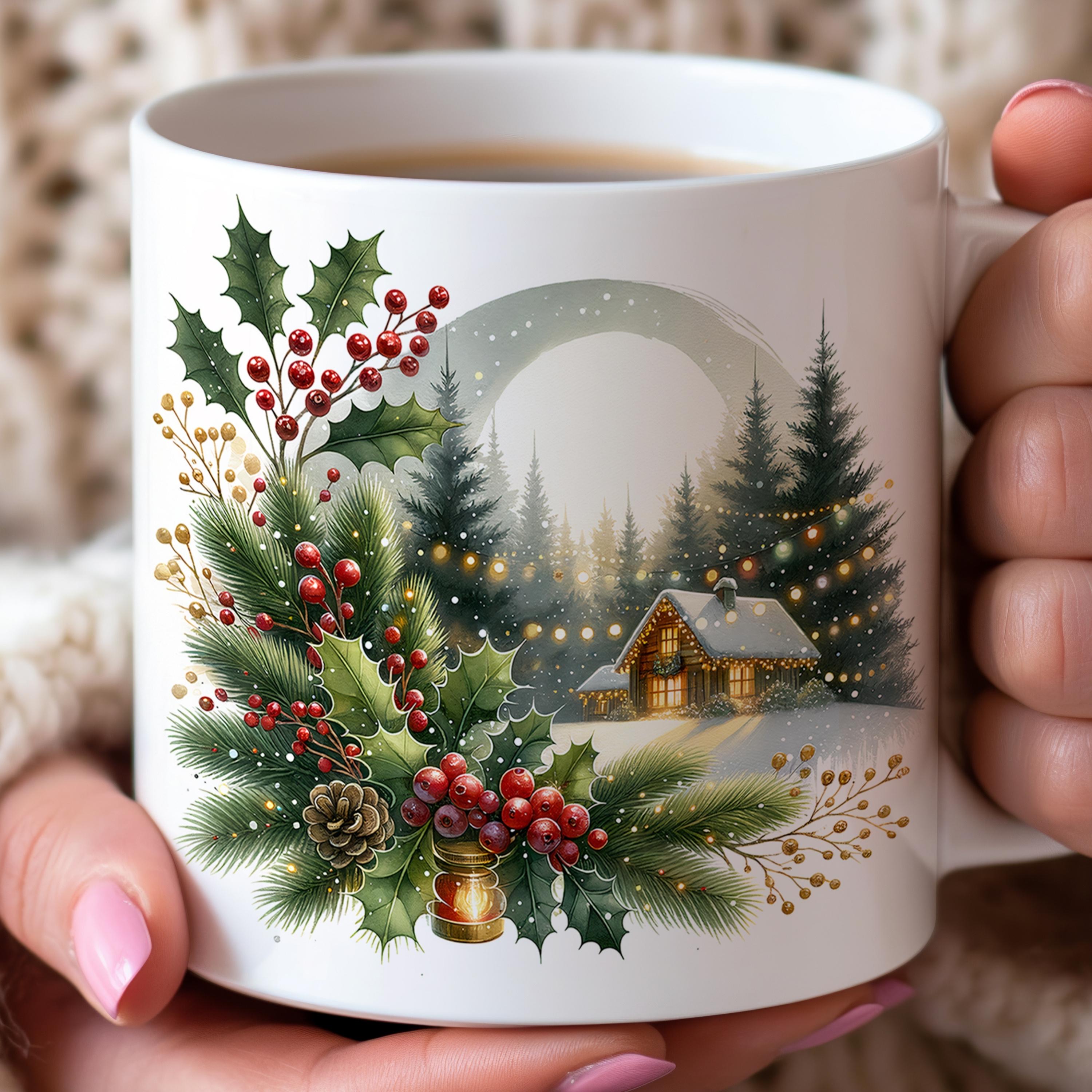 Festive Evergreen Cabin Mug Wrap: Christmas Pine & Holly Scene PNG ...