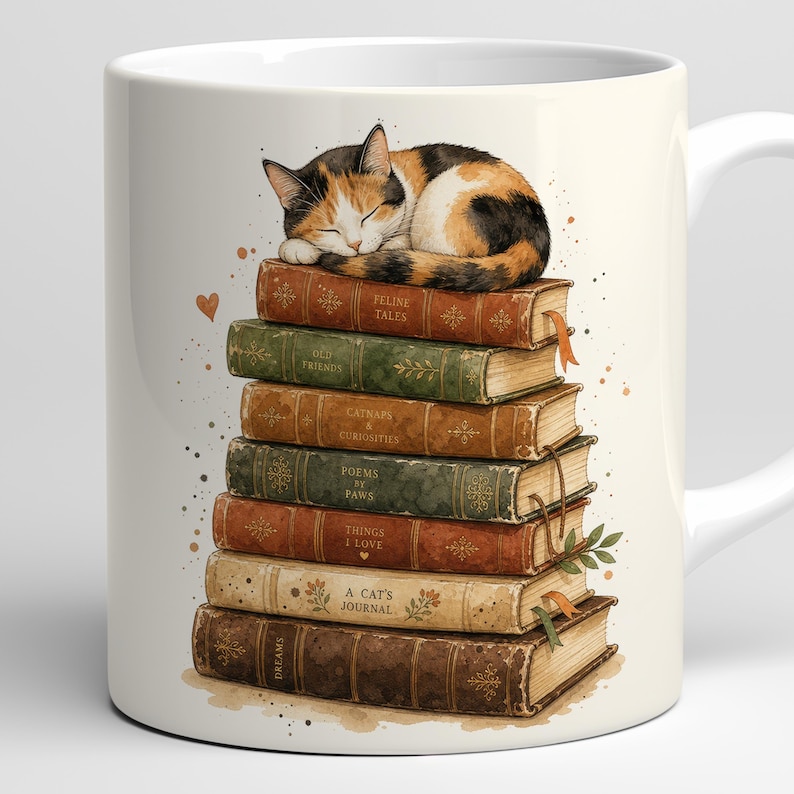 Cozy Calico Cat Reading Mug Wrap: Vintage Books and Kittens (digital ...