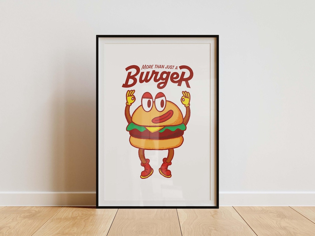 Burger Poster Wall Art Cute Burger Mascot Cartoon Print for Kitchen ...