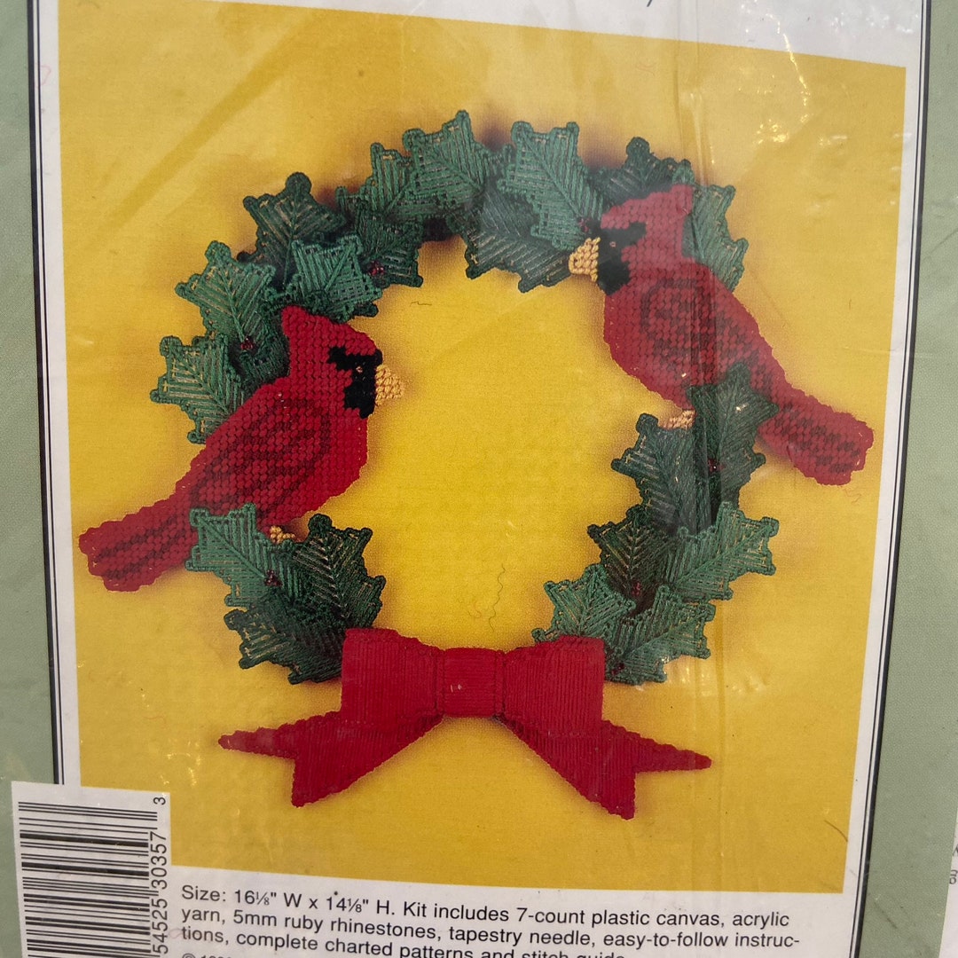 CARDINAL HOLLY WREATH, Plastic Canvas Kit, Vintage 1998, Craft Kit ...