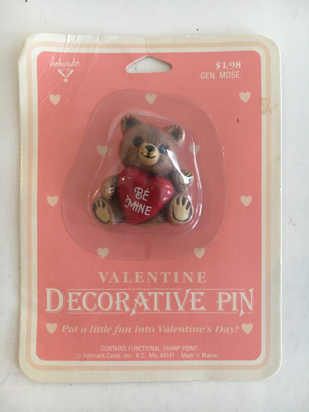 VALENTINE PIN Ambassador Vintage Pin Brown BEAR Pin Be Mine Hallmark ...