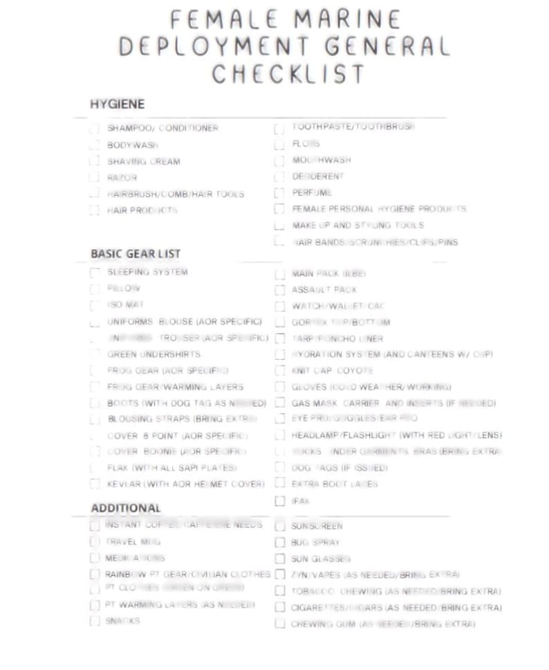 Female Deployment Checklist, Gear List, Checklist, Corpsman, Corpsmen, Marine Check List ...