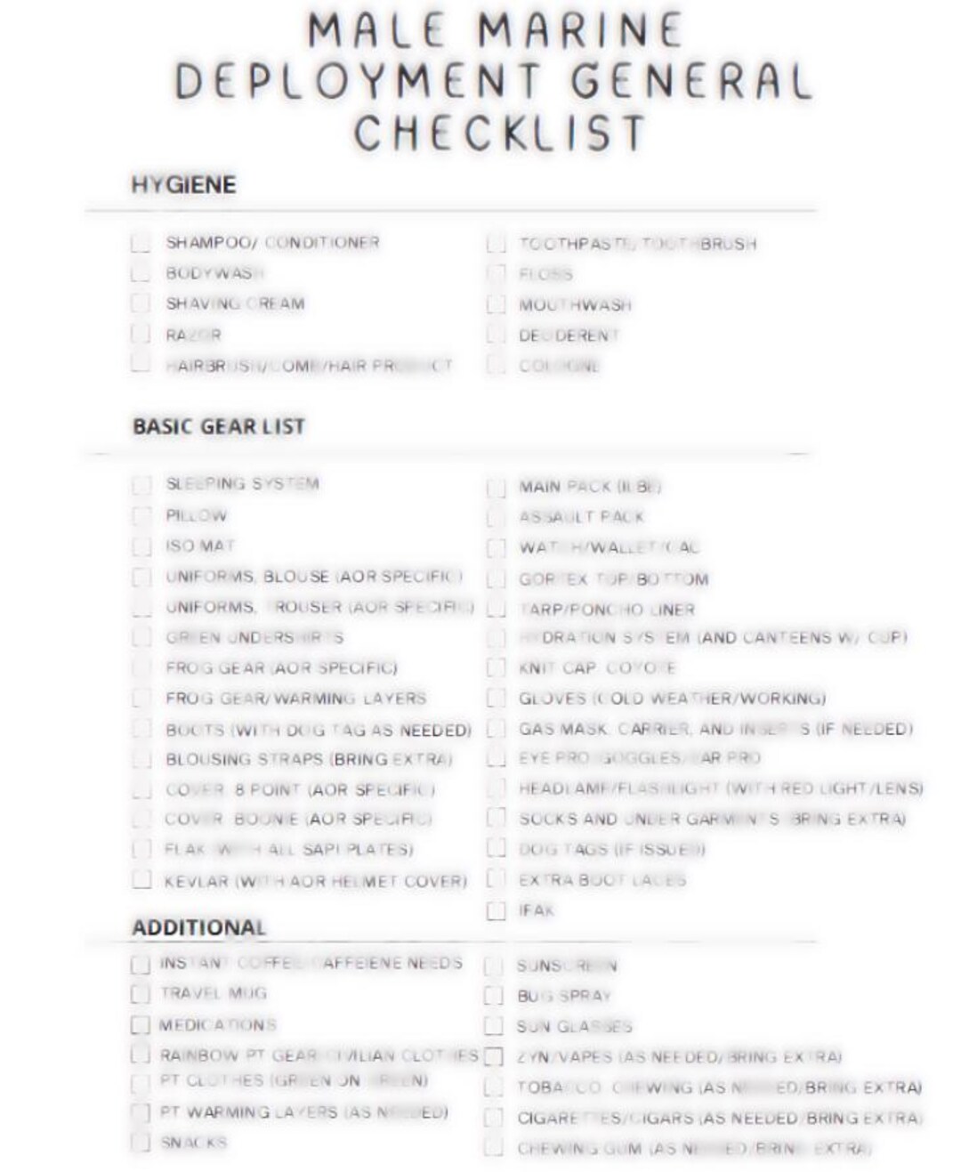 Male Deployment Checklist, Gear List, Checklist, Corpsman, Corpsmen ...