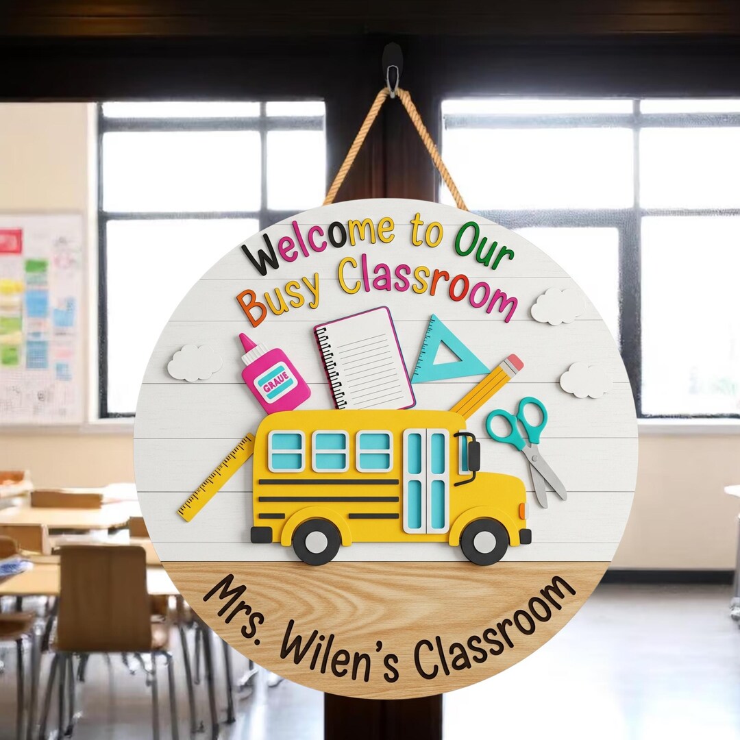 Personalized Busy Classroom Door Sign With School Bus and Supplies ...