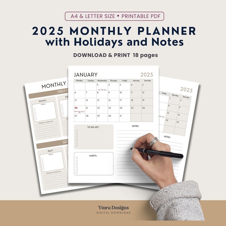 2025 Monthly Planner With Holidays, 2025 Printable Planner With ...