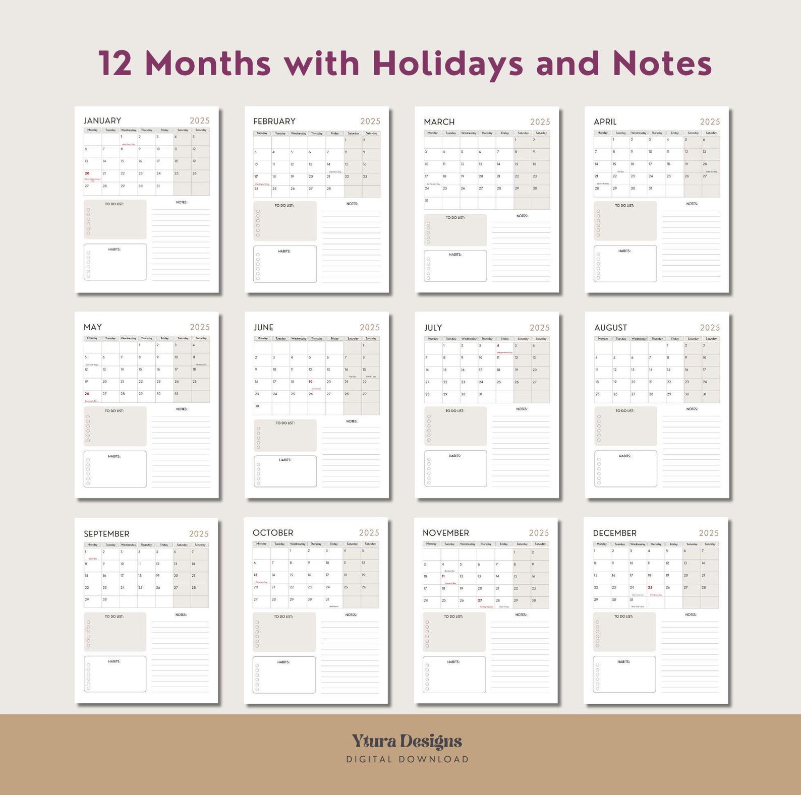 2025 Monthly Planner With Holidays, 2025 Printable Planner With ...