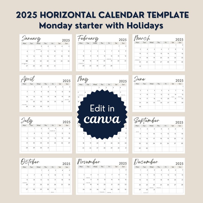 2025 Calendar Template: Minimalist Vertical & Horizontal (digital ...