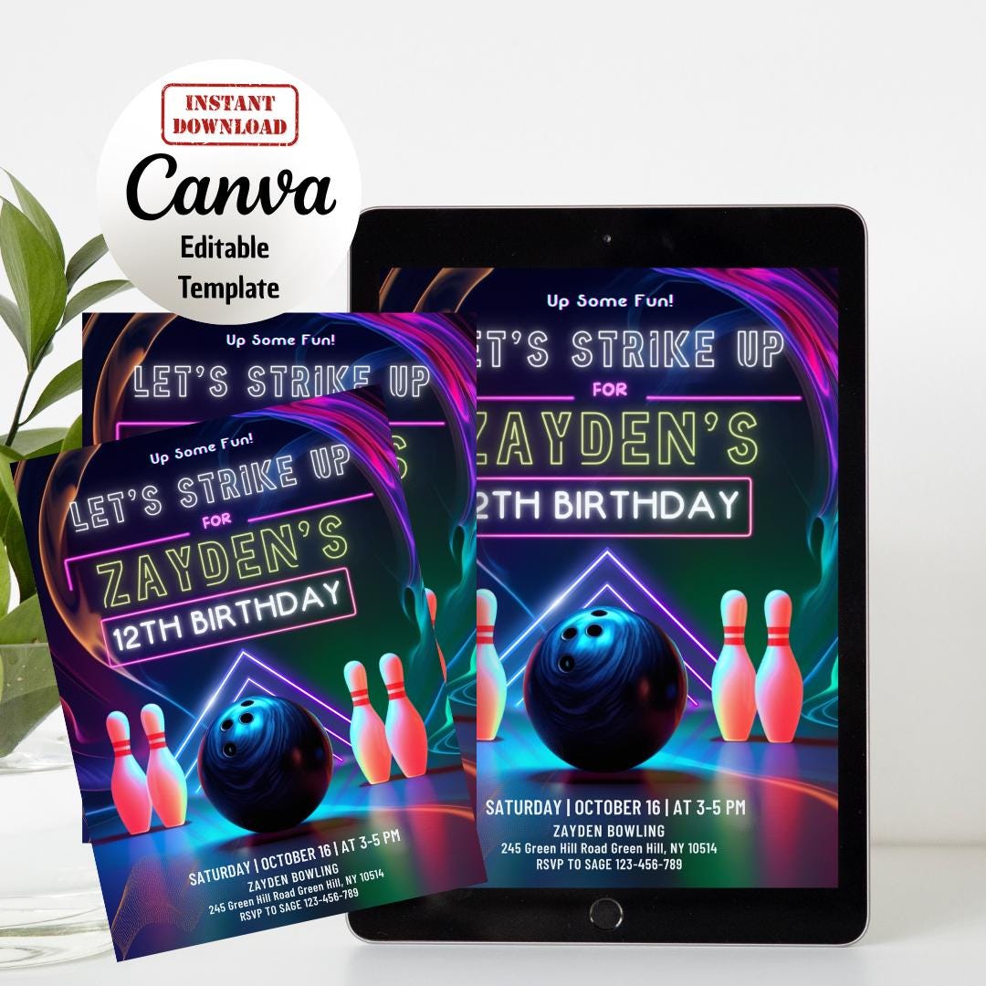 Editable Bowling Birthday Invitation, Neon Bowling, Bowling Invitation ...