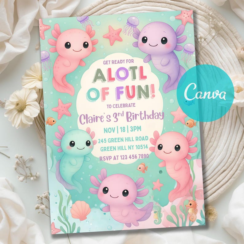 Editable Axolotl Birthday Invitation, Pastel Watercolor Axolotl Party ...