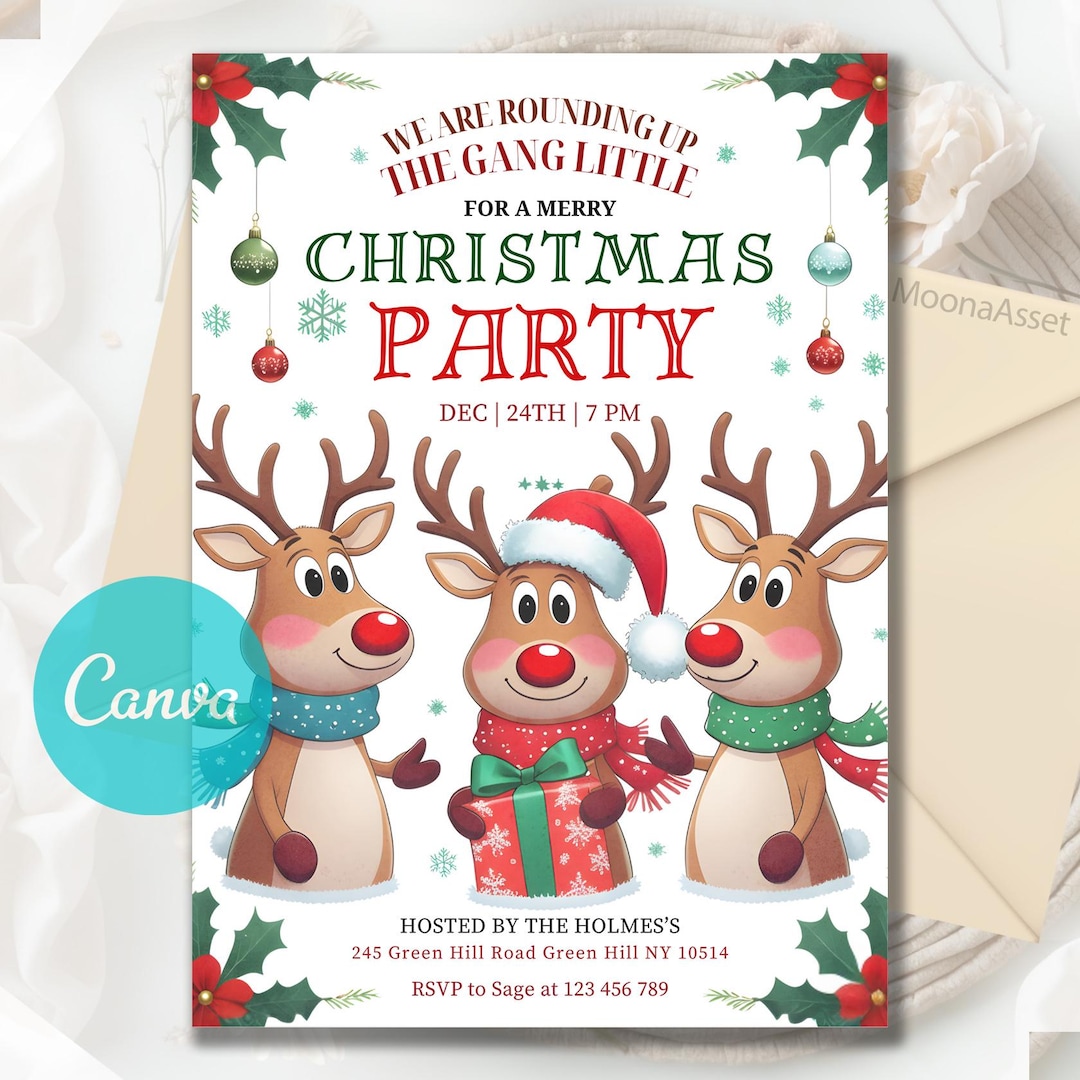 Reindeer Christmas Party Invitation, We're Rounding up the Gang Invite ...
