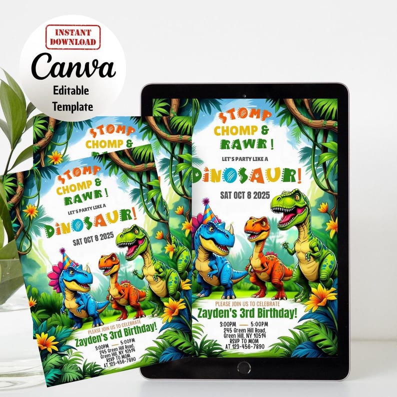 Dinosaur Birthday Invitation, Jurassic Dinosaur Party Digital Template ...