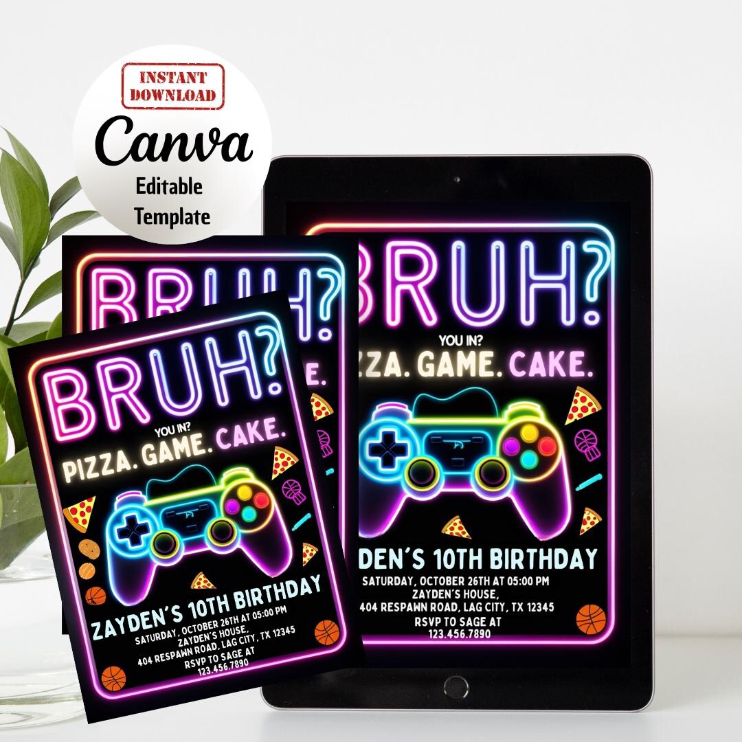 BRUH YOU IN? Neon Gamer Birthday Invitation, Bruh Neon Invitation ...