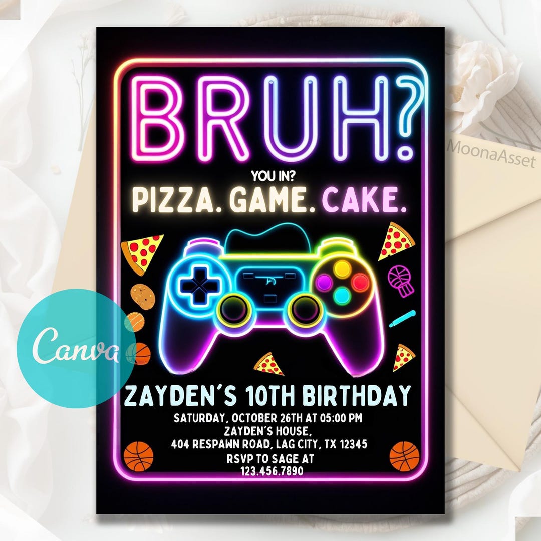 BRUH YOU IN? Neon Gamer Birthday Invitation, Bruh Neon Invitation ...
