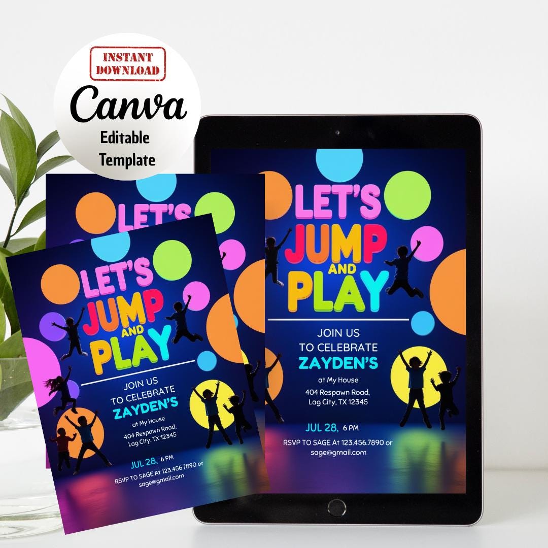 Editable Let’s Jump Birthday Invitation, Trampoline Party Invite for ...