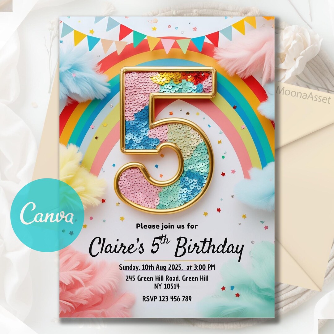 5th Birthday Invitation Girl, Girls Pink Birthday Invite, Rainbow ...
