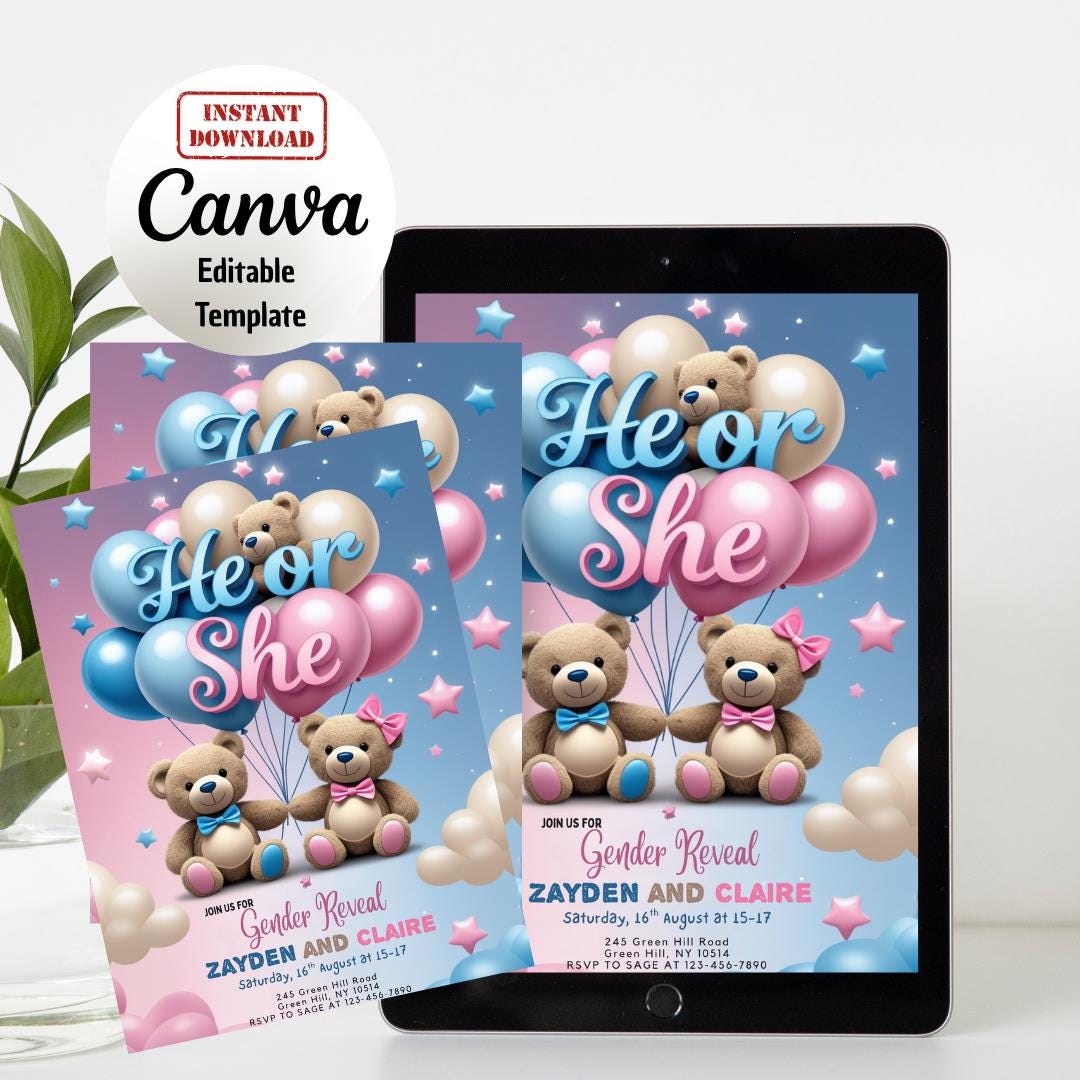 EDITABLE Teddy Bears Gender Reveal Invitation, Pink and Light Blue He ...