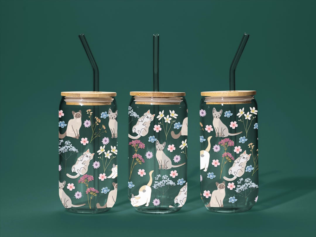 Floral Cat Sipper Glass – Cute Cat Drinkware, Flowered Mug, Pet Lover ...
