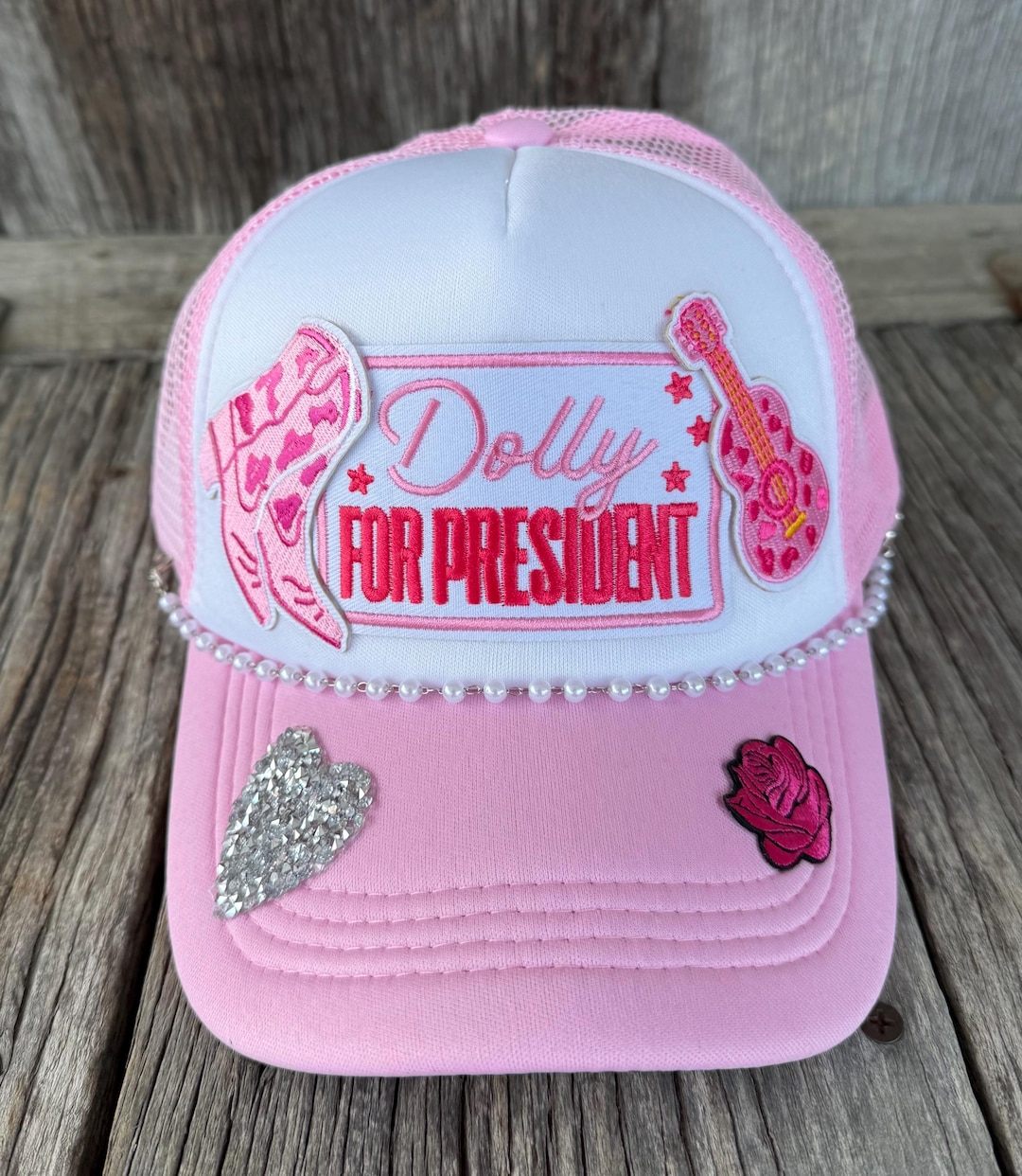 Pink Dolly Parton for President Country Music Western Cowgirl Trucker Hat W/ Pearl Chain Guitar ...