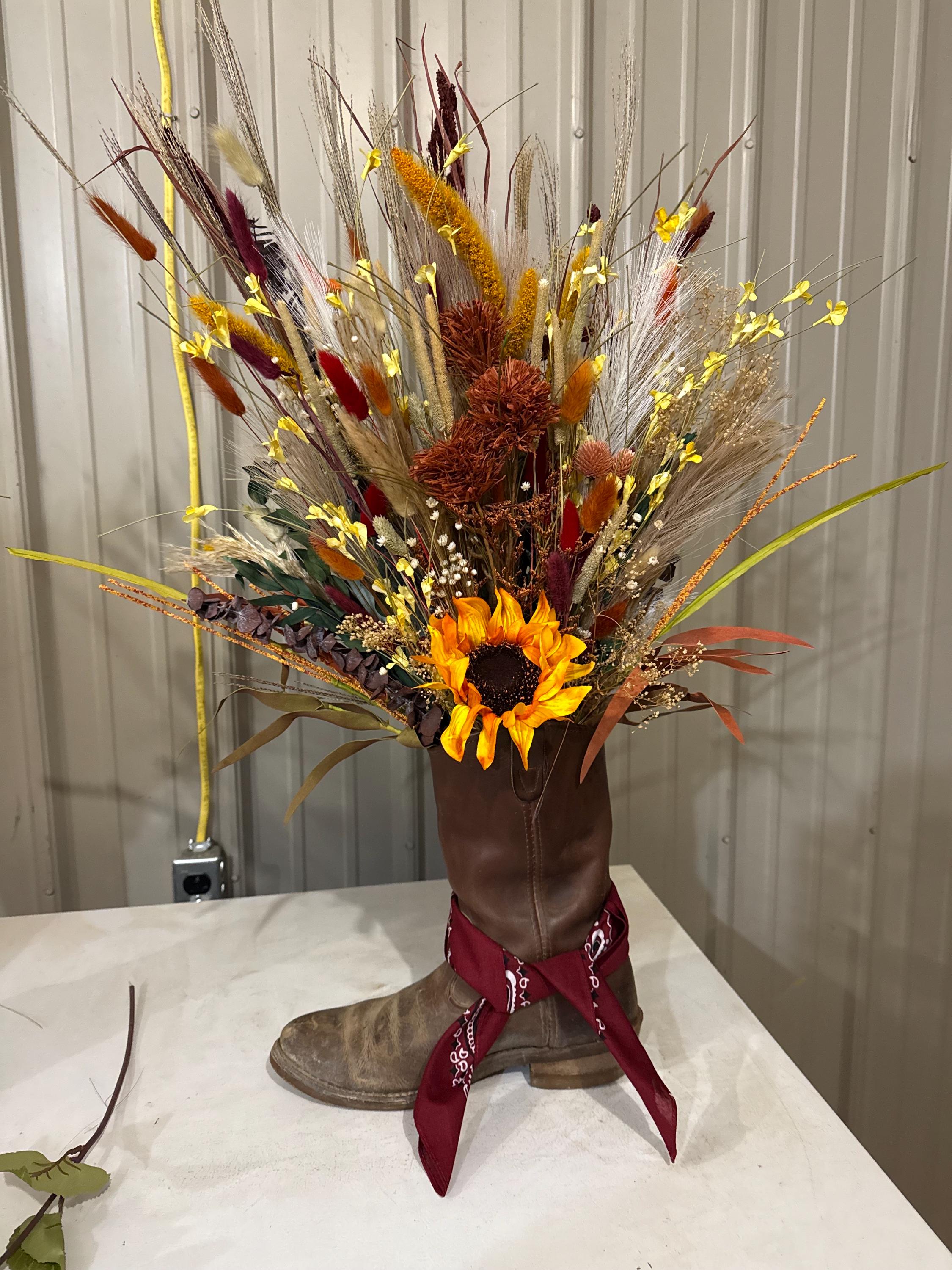 Western Leather Cowboy Boot Planter Artificial Wild Flowers Sunflowers ...