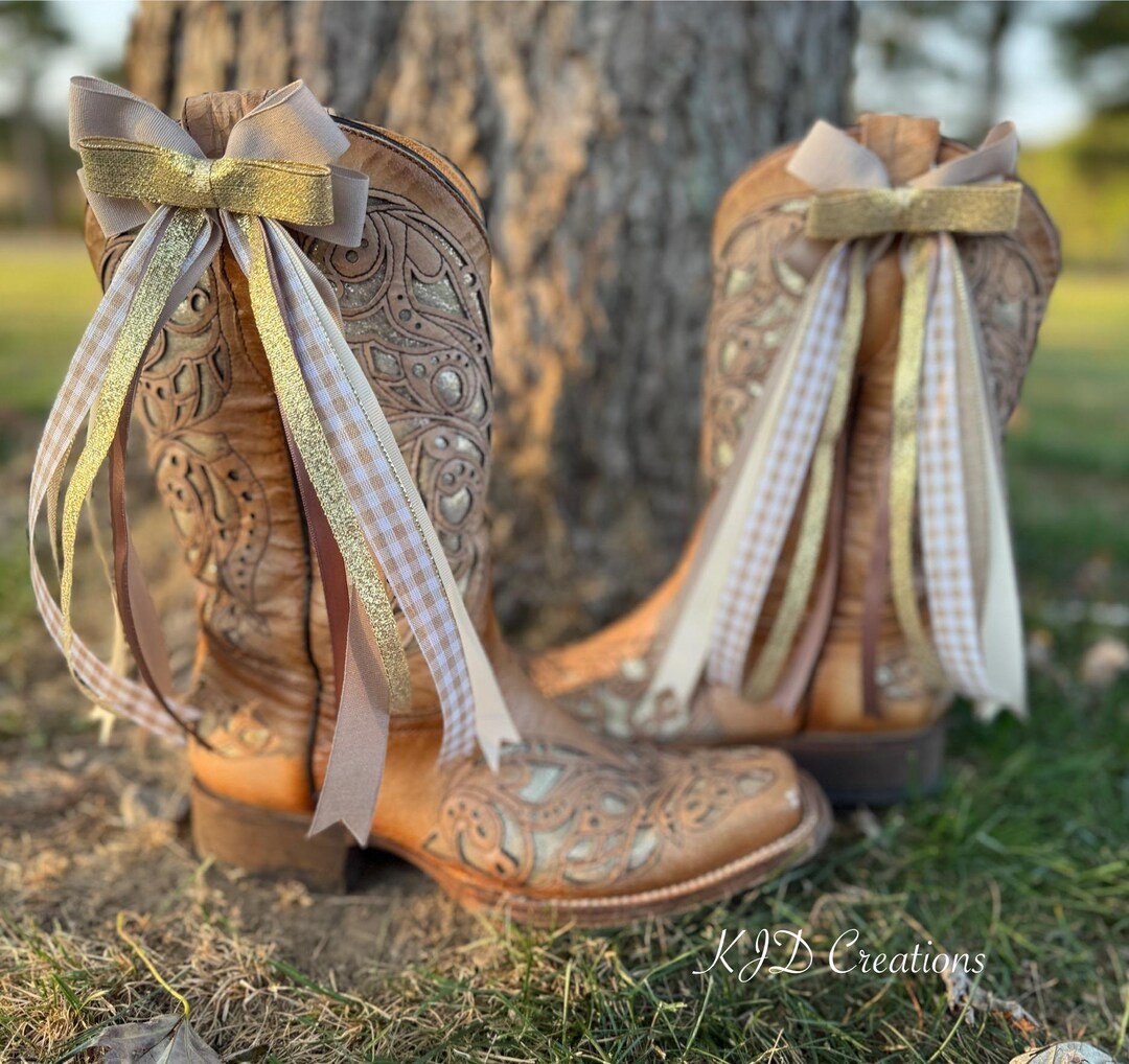 Lace & Checkered Ribbon Cowboy Boot Bows: Western Wedding Accessory - Etsy
