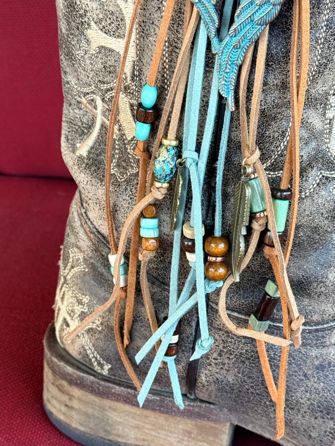 Western Boho Beaded Leather Fringe Cowboy Boot Bling Jewelry Toppers ...