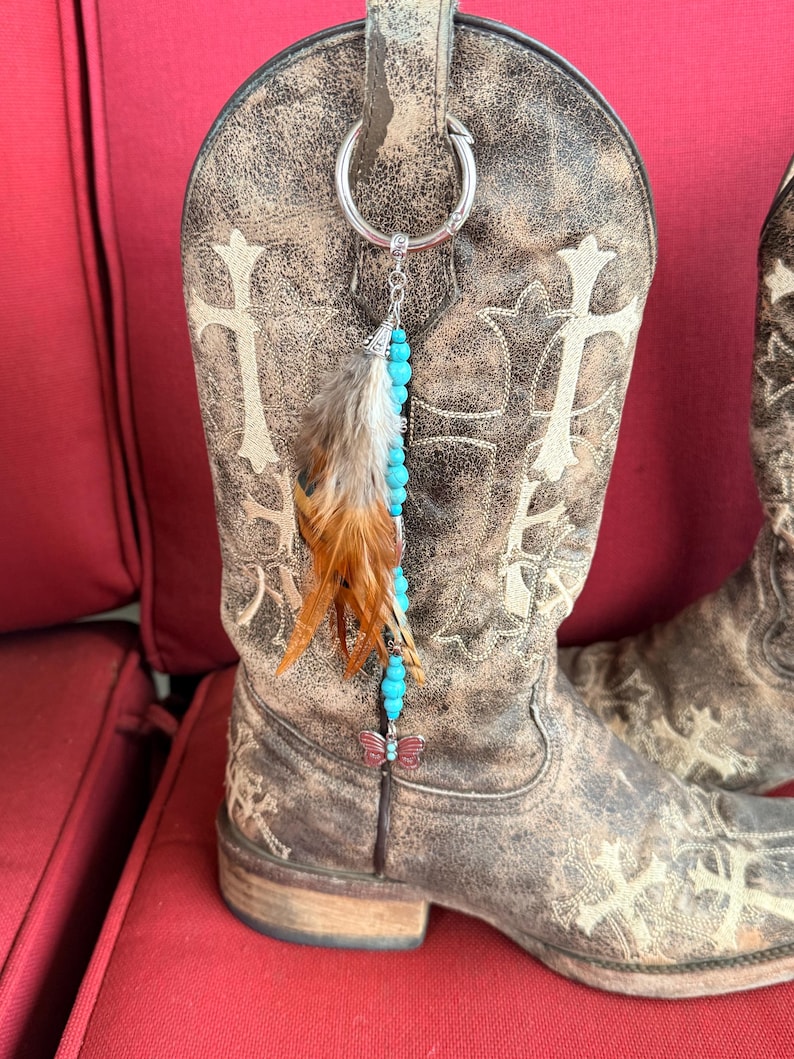 Western Boho Feather Cowboy Boot Jewelry Topper Bling: Turquoise Beads ...