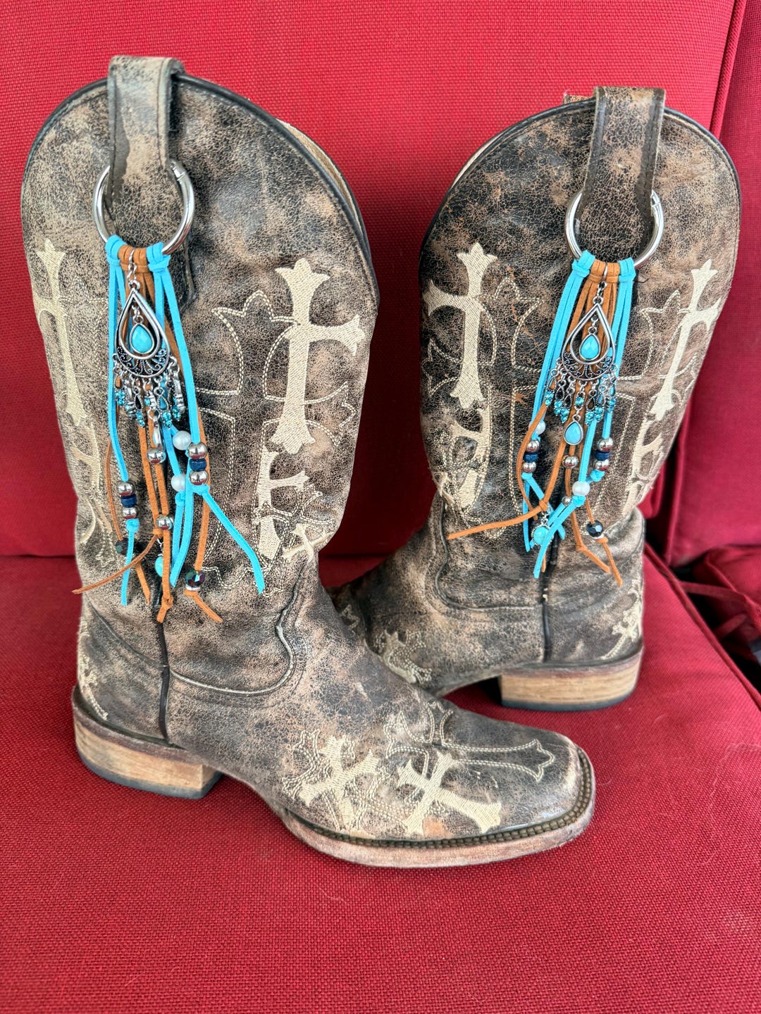 Western Boho Leather Beaded Fringe Boot Bling Jewelry Toppers Charms ...