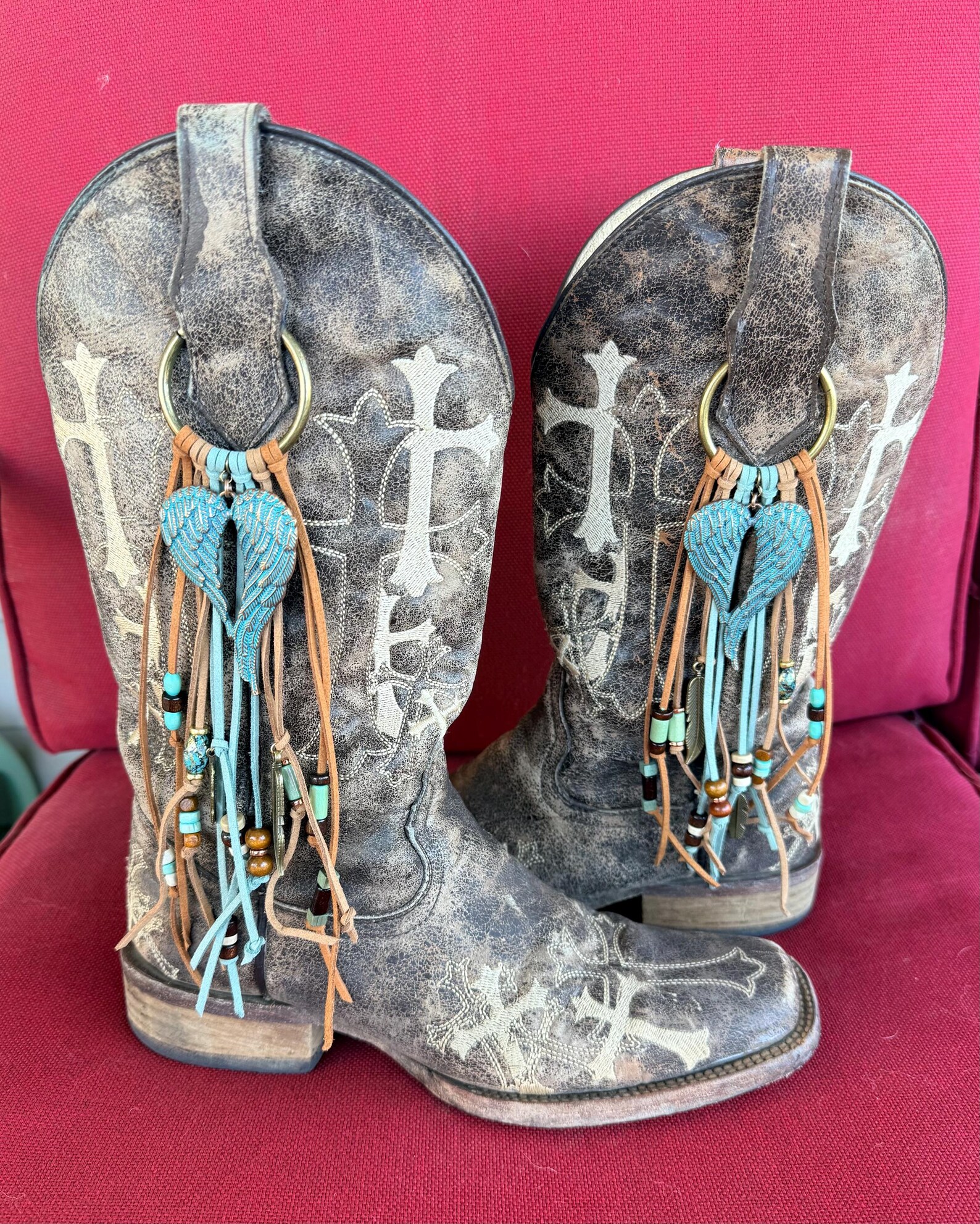 Western Boho Beaded Leather Fringe Cowboy Boot Bling Jewelry Toppers ...