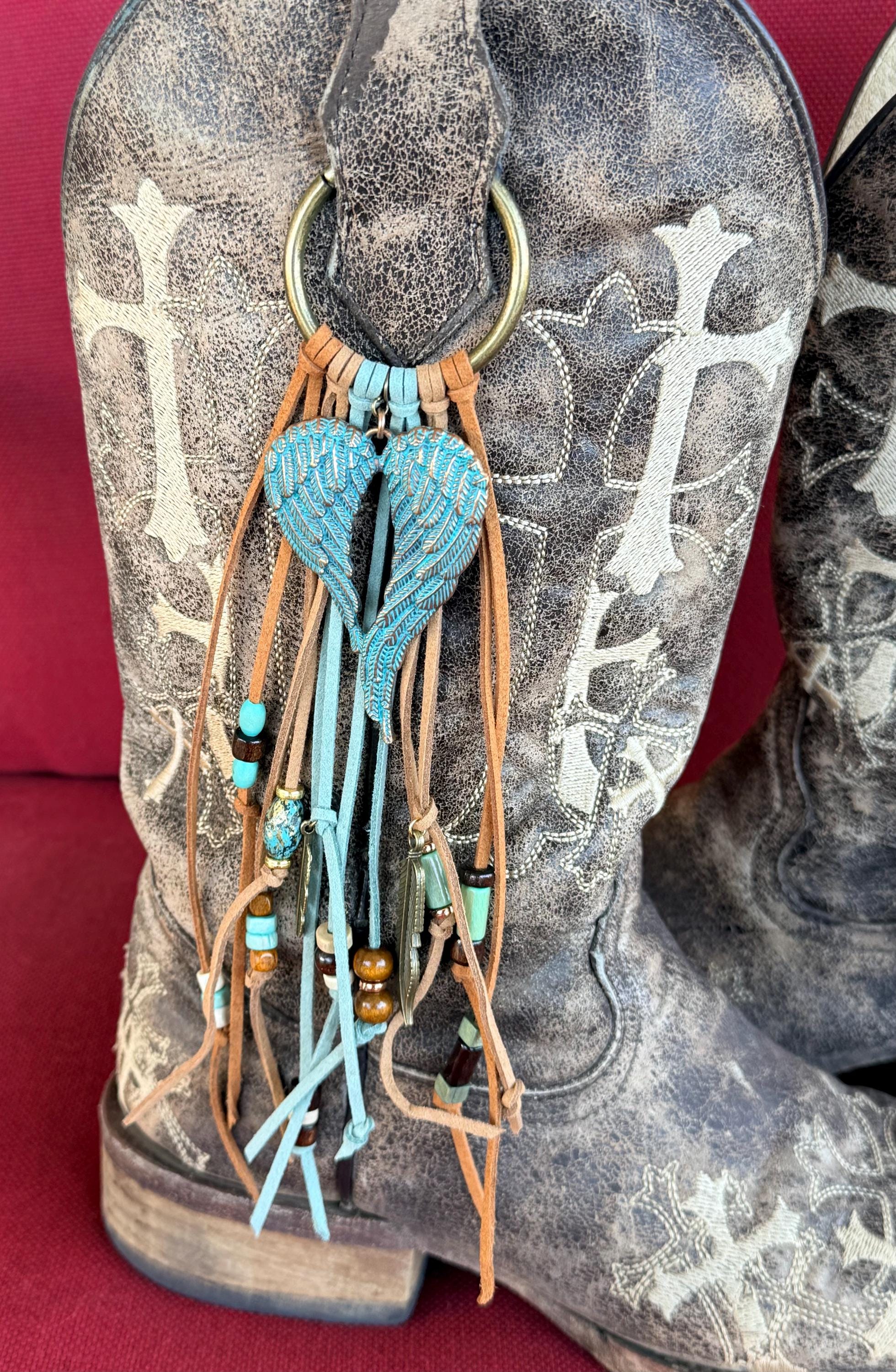 Western Boho Beaded Leather Fringe Cowboy Boot Bling Jewelry Toppers ...