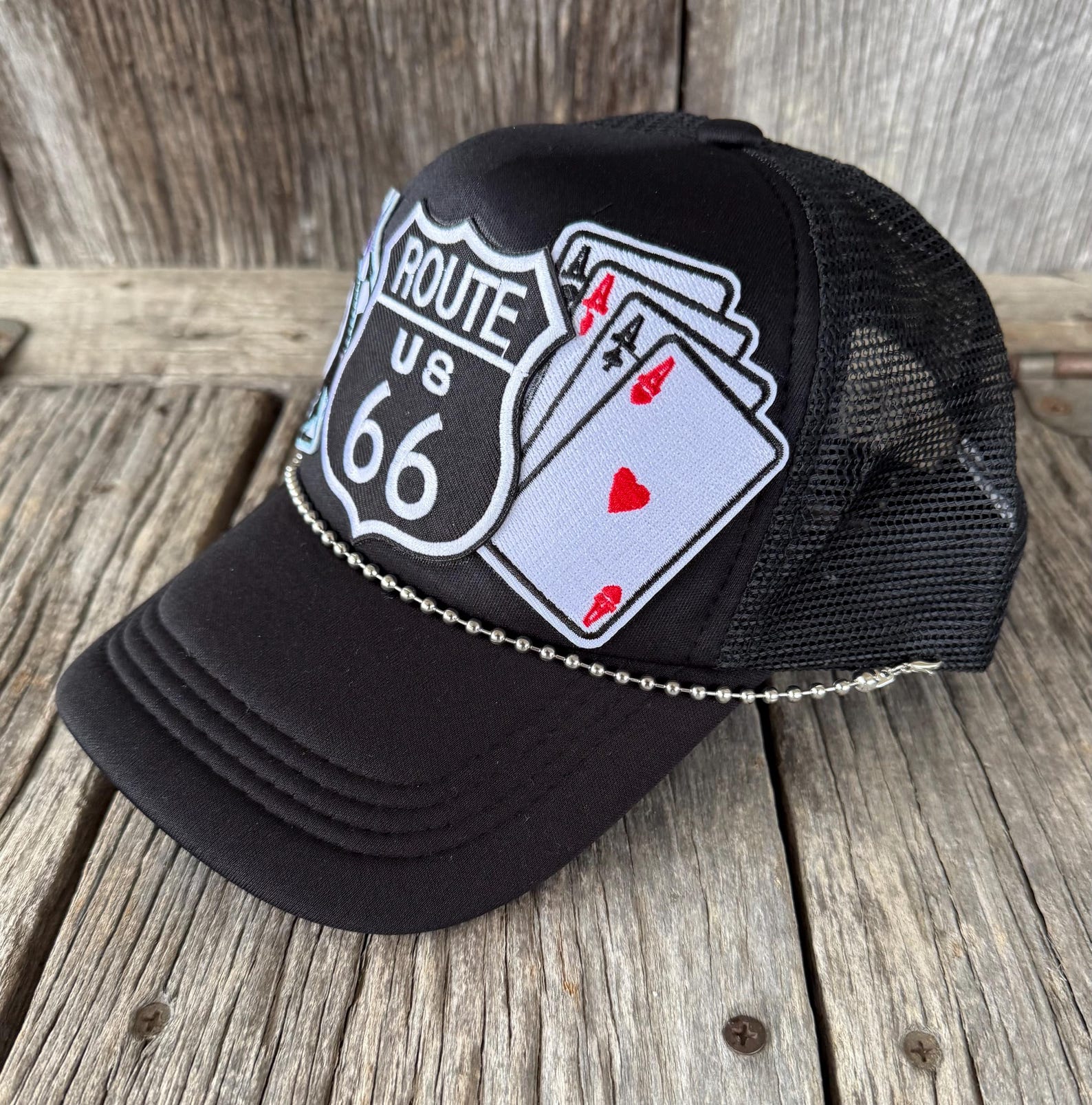 Black Trucker Hat: Route 66 Poker Hand Playing Cards, 8 Ball, Silver ...