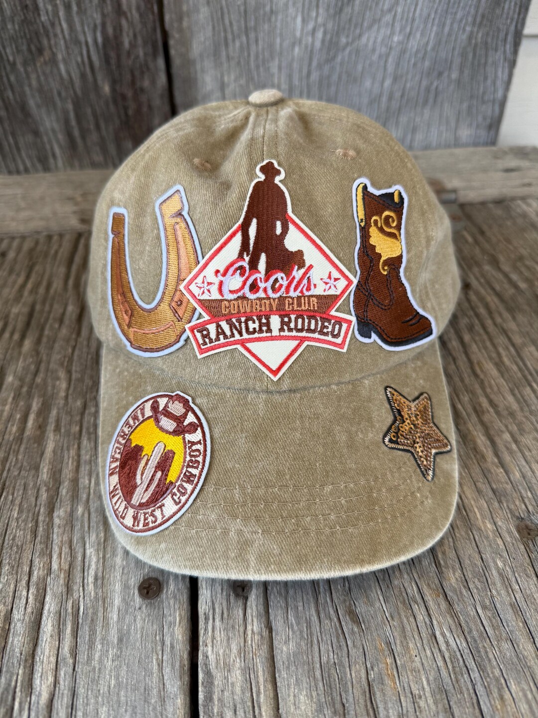 Tan Distressed Trucker Hat Western Cowgirl Themed Coors Cowboy Club Ranch Rodeo Horse Shoe Boot ...