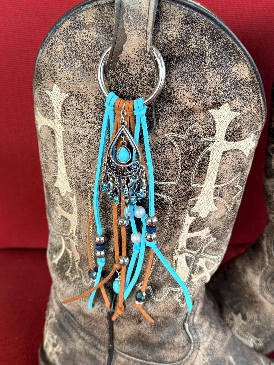 Western Boho Leather Beaded Fringe Boot Bling Jewelry Toppers Charms ...