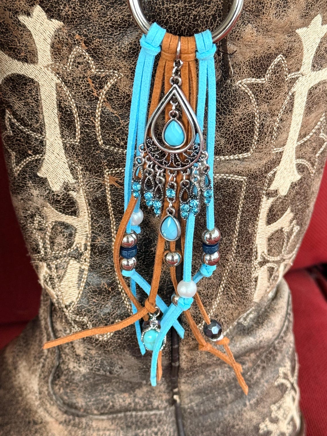 Western Boho Leather Beaded Fringe Boot Bling Jewelry Toppers Charms ...