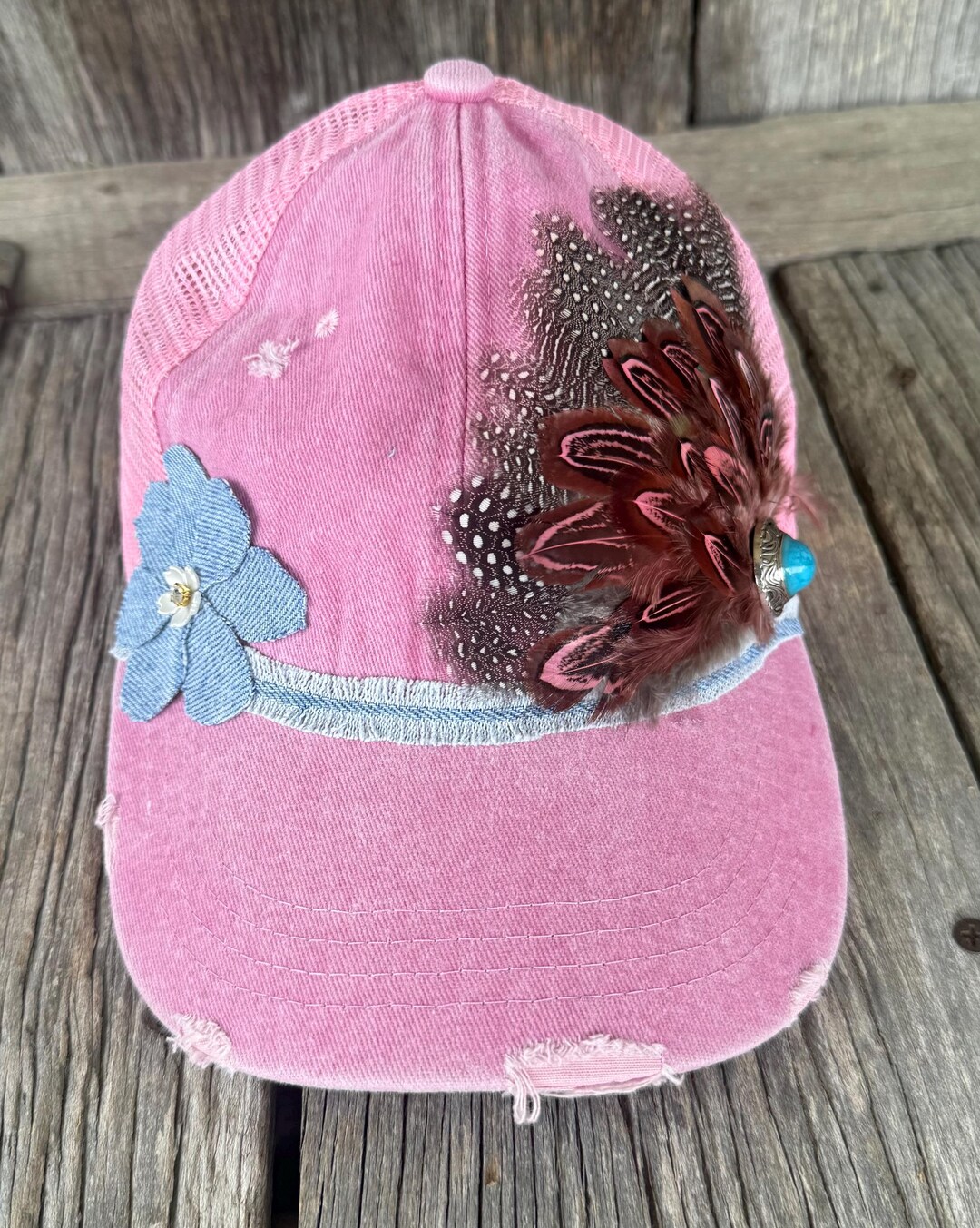 Distressed Pink Trucker Cap Hat With Blue Jean Denim Flower ...