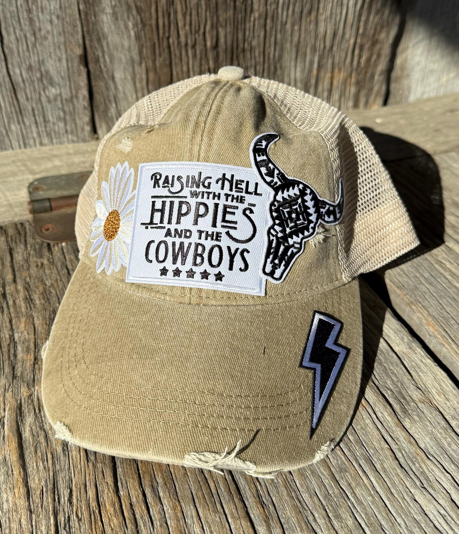 Tan Distressed Trucker Hat Cody Jinks Country Music Boho Raising Hell Hippies Cowboy Cowgirl ...