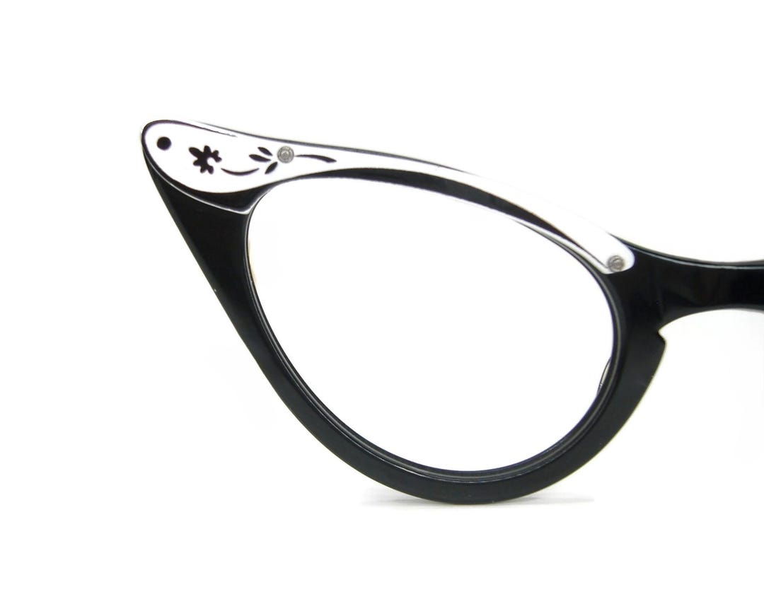 Vintage 50s Black Winged Decorative Cat Eye Glasses Eyeglasses or ...