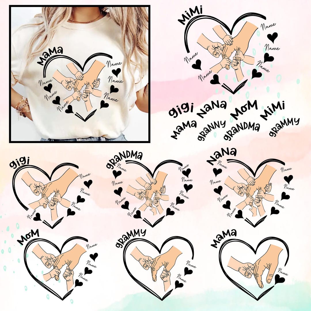 Mother's Day Family Hand Heart PNG SVG, 1-8 Custom Heart Grandkid Name ...
