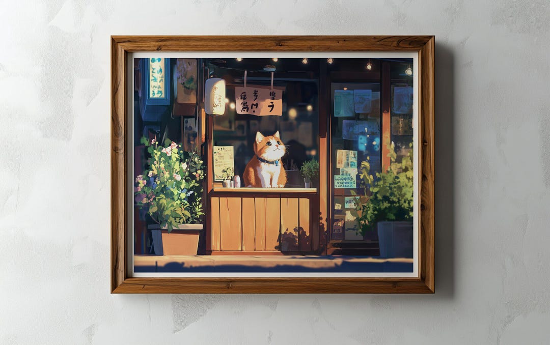 Cafe Anime Wall Art Print Cute Anime Cafe Cat & Japanese Shop Poster ...