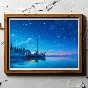 Anime Lake Printable Twilight Night Boat Art, Moonlight Voyage Night ...