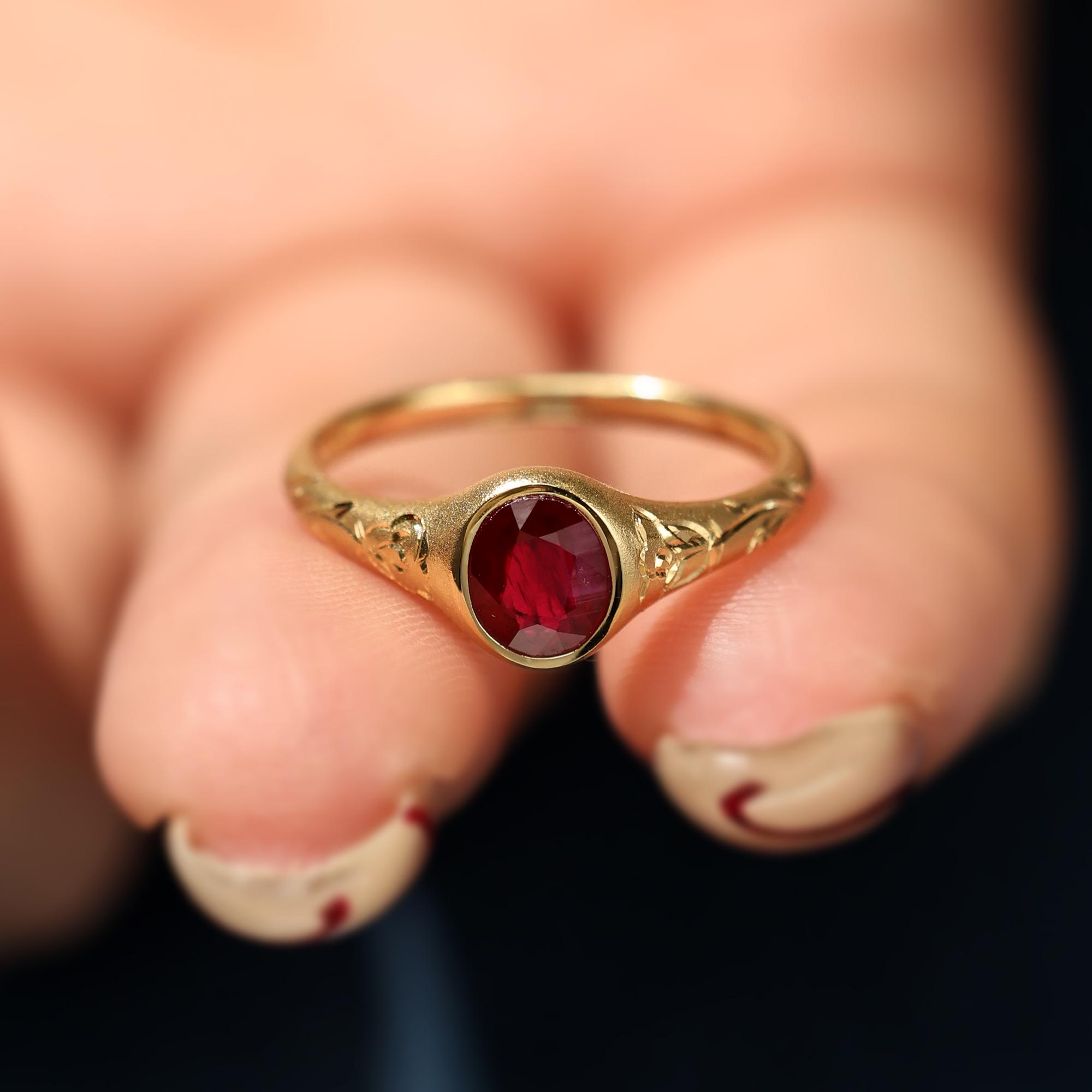 Pigeon Blood Red Ruby Ring, Handmade Engraving Ring, 18k Solid Gold ...