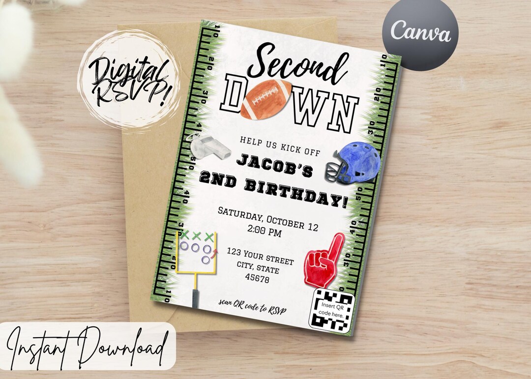 Second Down Football Birthday Invitation Template Digital Download - Etsy