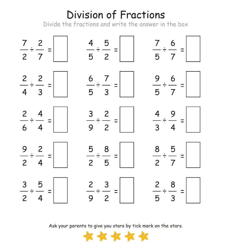 Fractions Division Printable Worksheets - Kids Mathematics - 1st - 5th ...