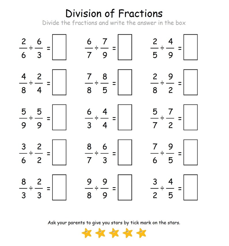 Fractions Division Printable Worksheets - Kids Mathematics - 1st - 5th ...